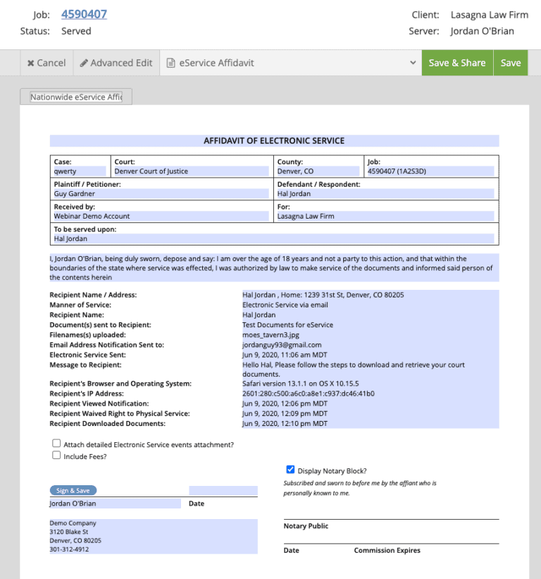 Create eService Affidavit - ServeManager Support